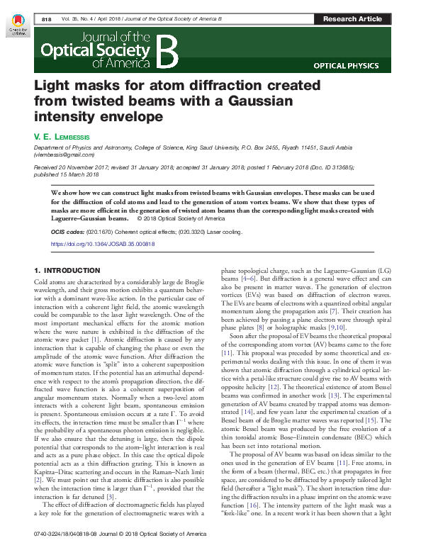 Pdf Efficient Light Masks For Cold Atom Diffraction