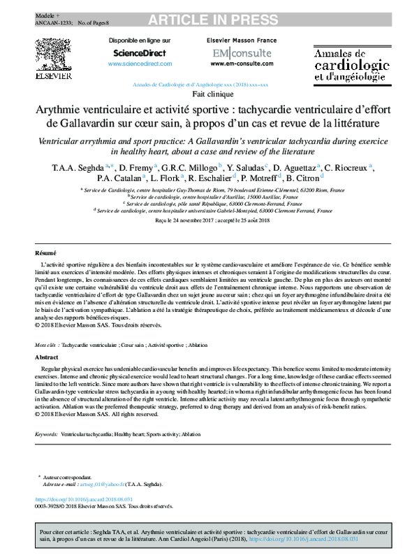 Arythmie ventriculaire et activité sportive : tachycardie ventriculaire ...