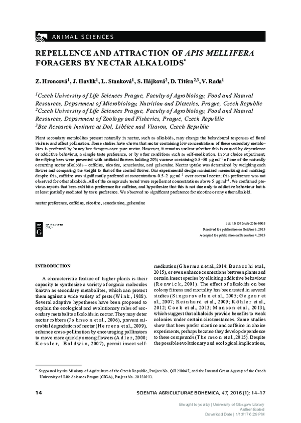 (PDF) Repellence and attraction of Apis mellifera foragers by nectar ...