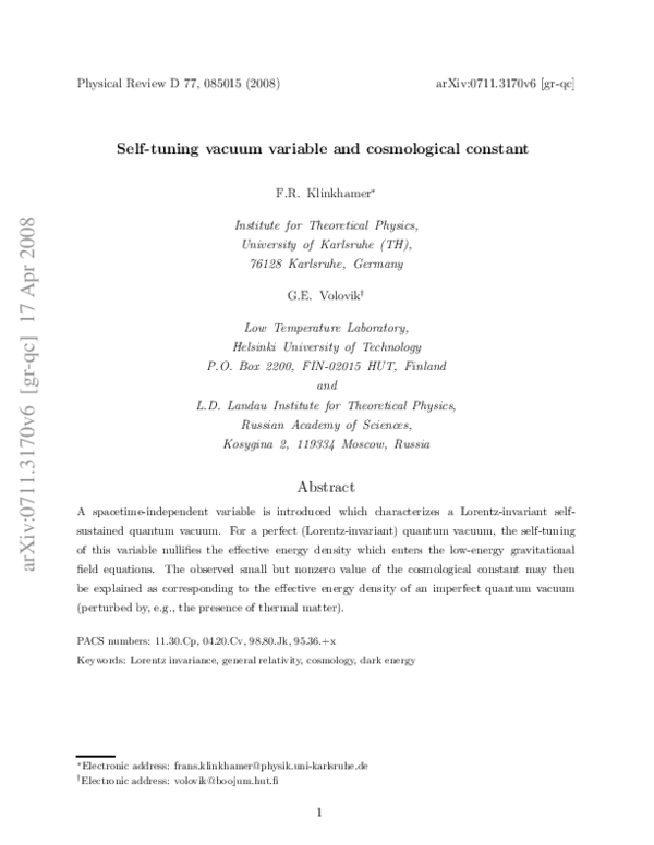 (PDF) Self-tuning vacuum variable and cosmological constant