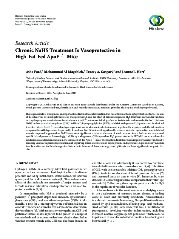 (PDF) Chronic NaHS Treatment Is Vasoprotective in High-Fat-Fed ApoE−/−Mice