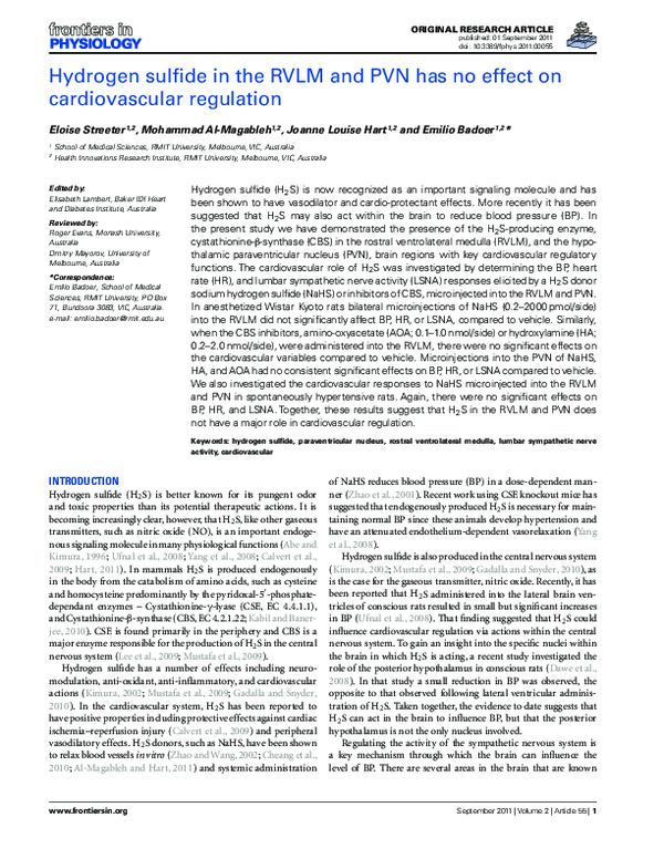 (PDF) Hydrogen Sulfide in the RVLM and PVN has No Effect on ...