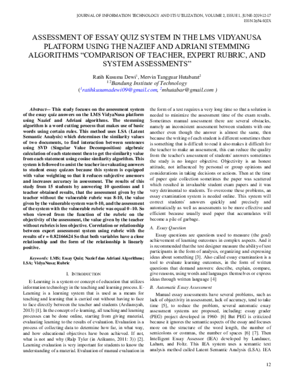 Assessment Of Essay Quiz System In The Lms Vidyanusa Framework Using The Nazief And Adriani