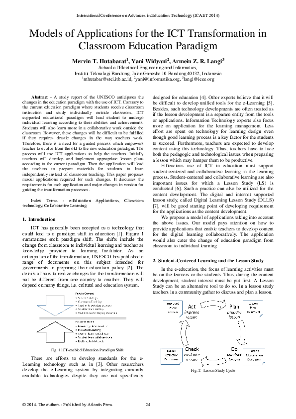 (PDF) Models of Applications for the ICT Transformation in Classroom Education Paradigm