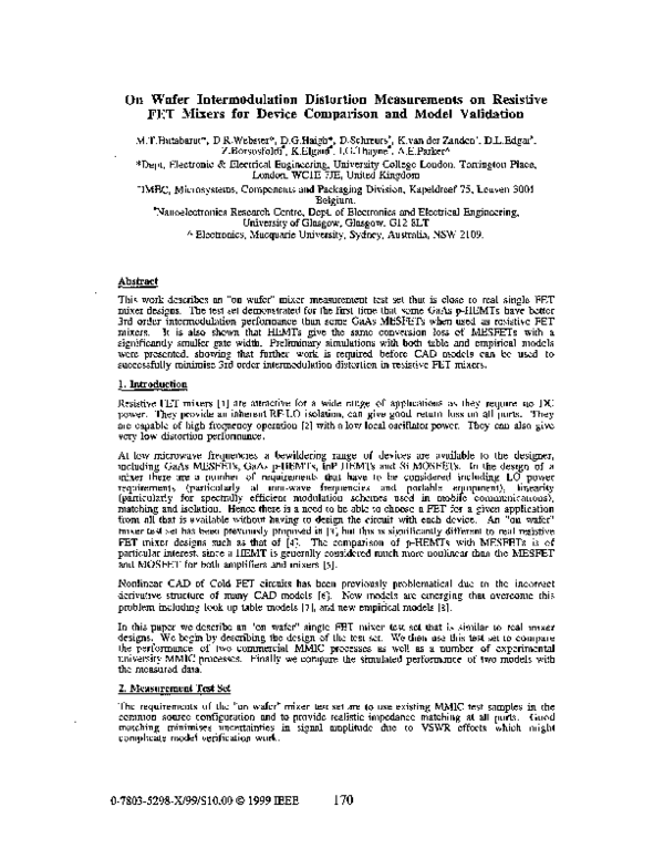 Pdf On Wafer Intermodulation Distortion Measurements On Resistive Fet Mixers For Device