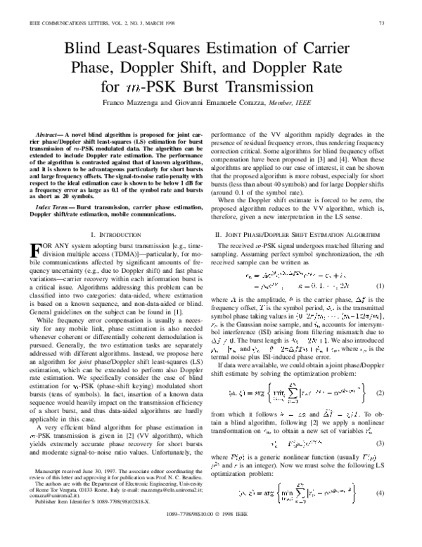 (PDF) Blind least-squares estimation of carrier phase, Doppler shift, and Doppler rate for m-PSK ...