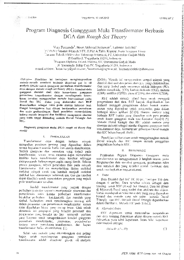 (PDF) Program Diagnosis Gangguan Mula Transformator Berbasis DGA dan Rough Set Theory