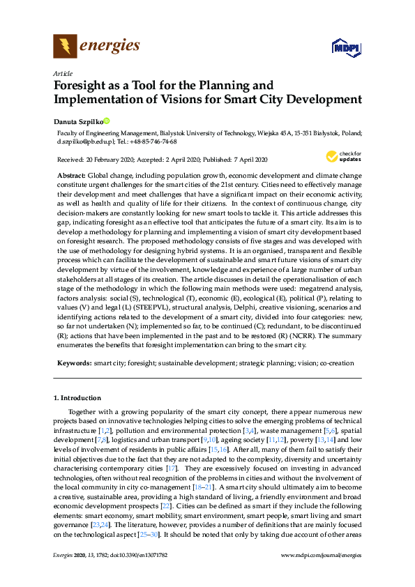 (PDF) Foresight as a Tool for the Planning and Implementation of Visions for Smart City Development