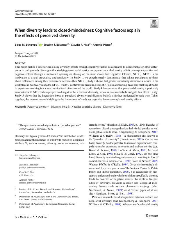 (PDF) When diversity leads to closed-mindedness: Cognitive factors explain the effects of ...