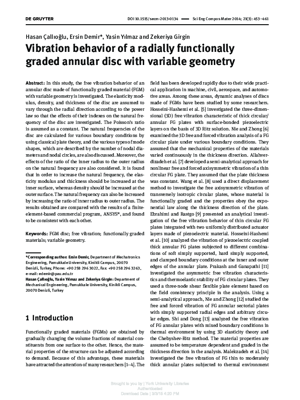 (PDF) Vibration behavior of a radially functionally graded annular disc with variable geometry