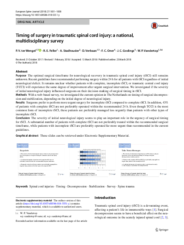 (PDF) Timing of surgery in traumatic spinal cord injury: a national, multidisciplinary survey
