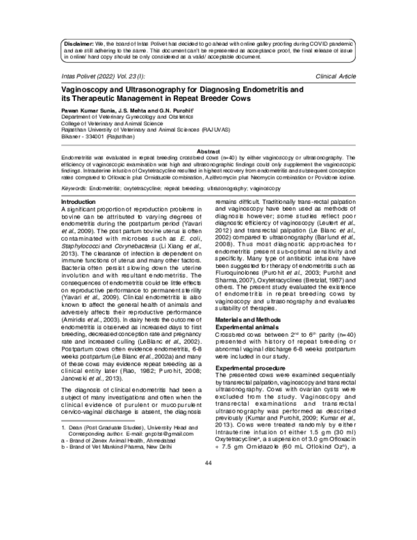 (PDF) Vaginoscopy and Ultrasonography for Diagnosing Endometritis and ...