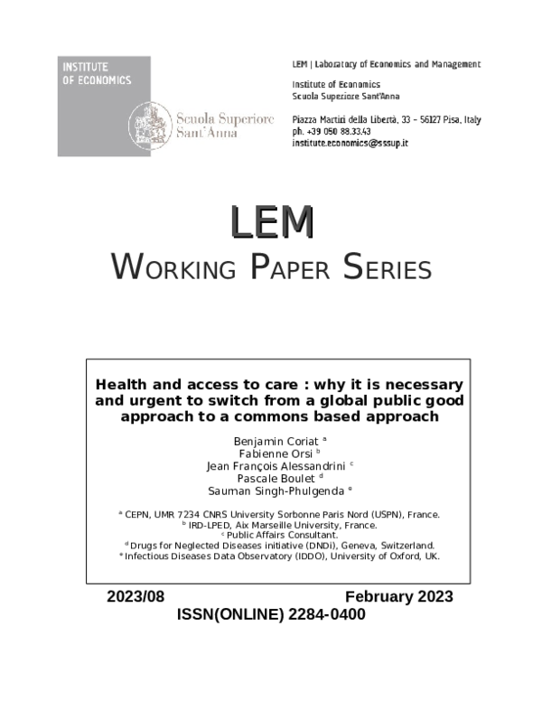 (PDF) LEM LEM WORKING PAPER SERIES Health and access to care : why it ...