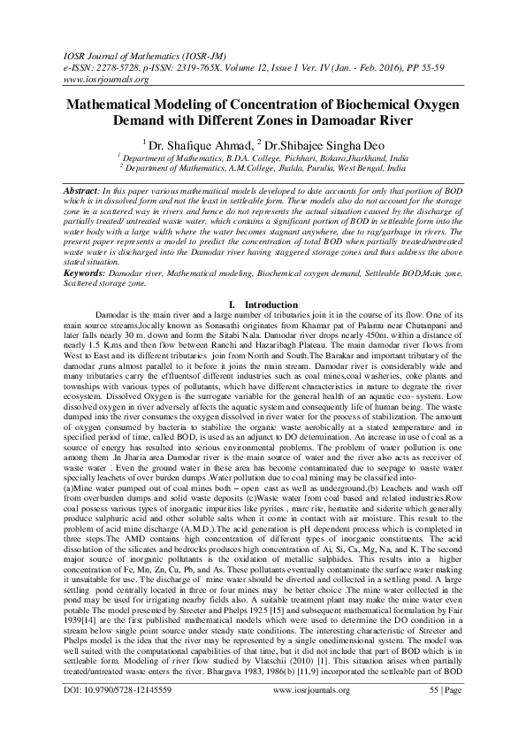 (PDF) Mathematical Modeling of Concentration of Biochemical Oxygen Demand with Different Zones ...