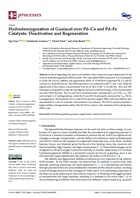 (PDF) Hydrodeoxygenation of Guaiacol over Pd–Co and Pd–Fe Catalysts ...