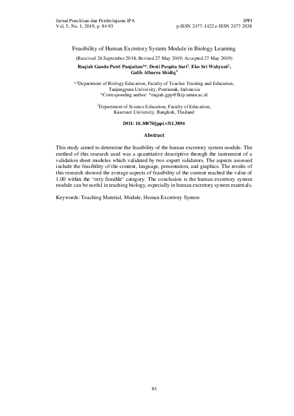 (PDF) Feasibility of Human Excretory System Module in Biology Learning