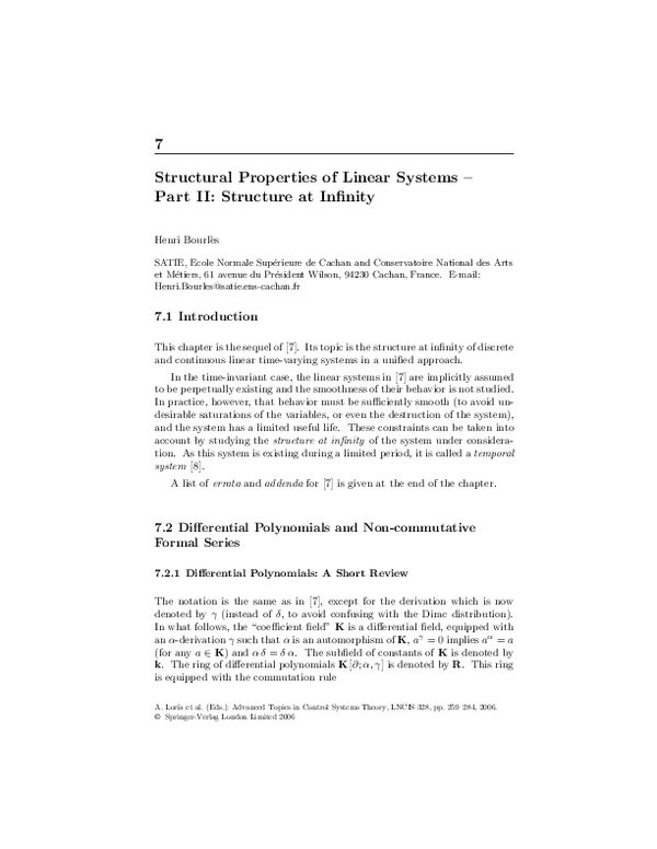 Pdf Structural Properties Of Linear Systems Part Ii Structure At Infinity