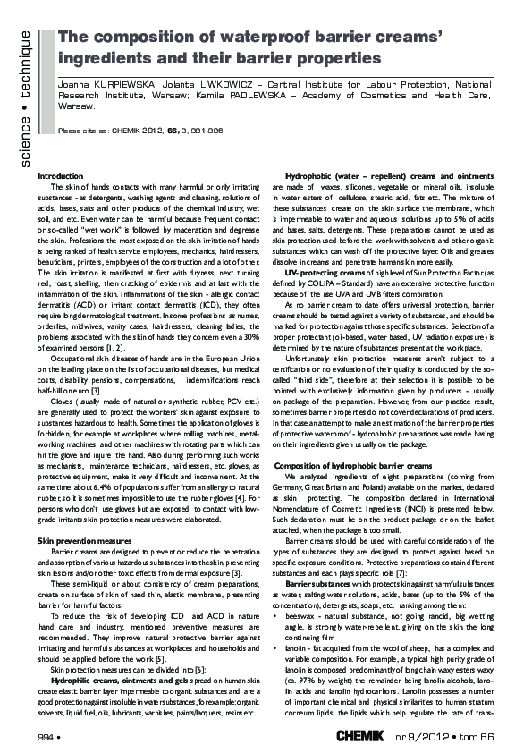 (PDF) The composition of waterproof barrier creams' ingredients and ...