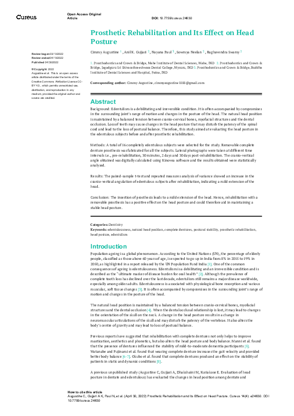 (PDF) Prosthetic Rehabilitation Improves Head Posture