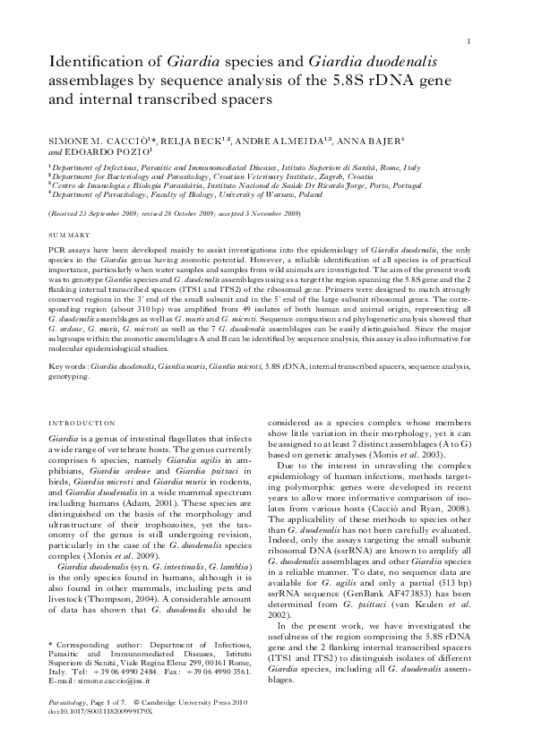 (PDF) Identification of Giardia species and Giardia duodenalis ...