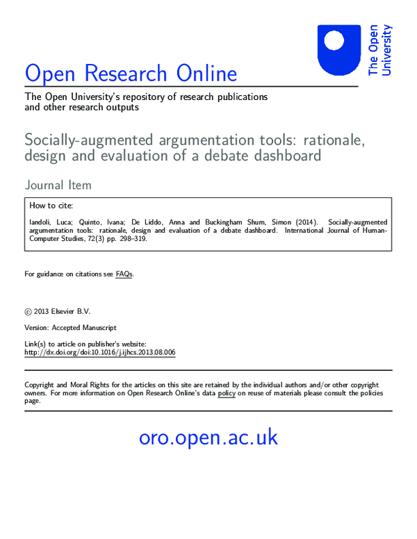 Pdf Socially Augmented Argumentation Tools Rationale Design And Evaluation Of A Debate Dashboard