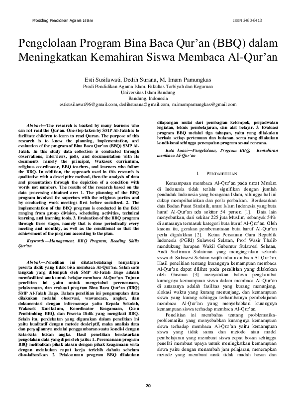 Pdf Pengelolaan Program Bina Baca Qur An Bbq Dalam Meningkatkan