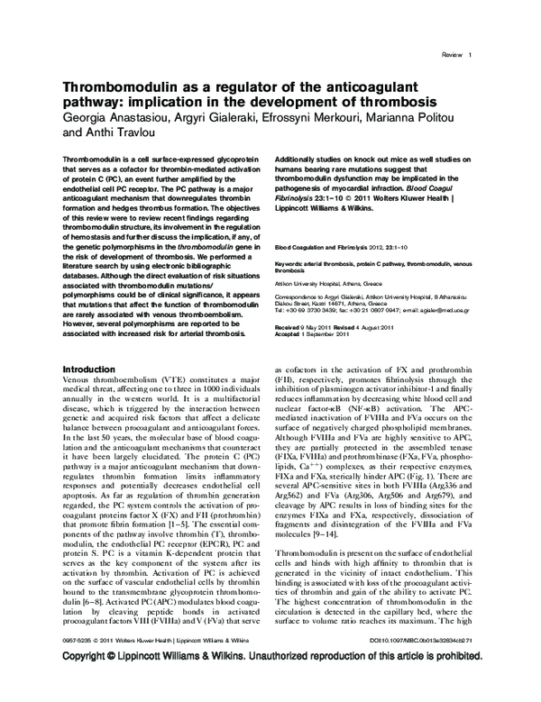 (PDF) Thrombomodulin as a regulator of the anticoagulant pathway