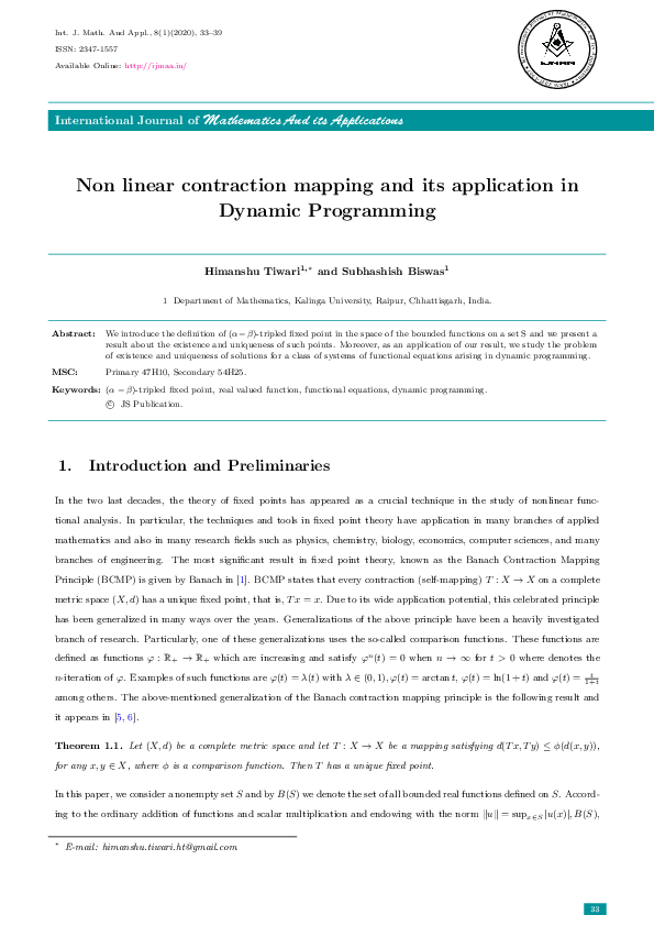 Pdf Non Linear Contraction Mapping And Its Application In Dynamic