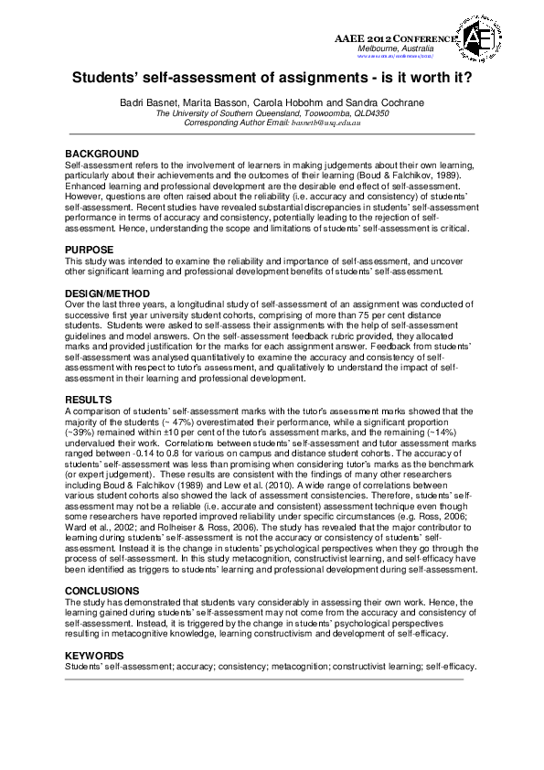 (PDF) Students' self-assessment of assignments-is it worth it?