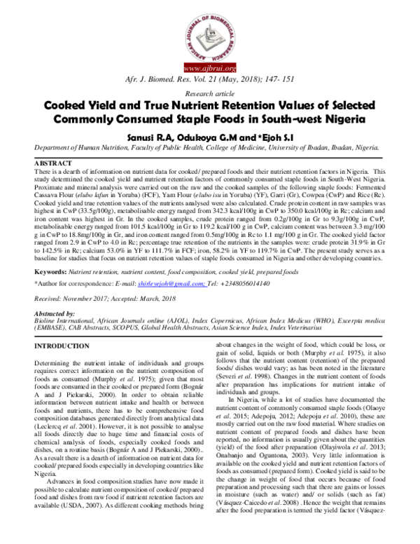 (PDF) Cooked Yield and True Nutrient Retention Values of Selected ...