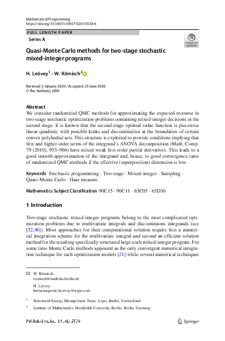 (PDF) Quasi-Monte Carlo methods for two-stage stochastic mixed-integer programs