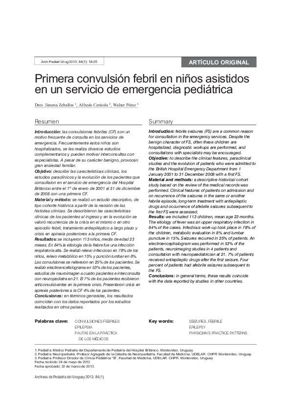 (PDF) Primera convulsión febril en niños asistidos en un servicio de ...