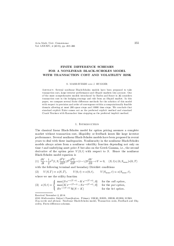 (PDF) Finite Difference Schemes for a Nonlinear Black-Scholes Model with Transaction Cost and ...
