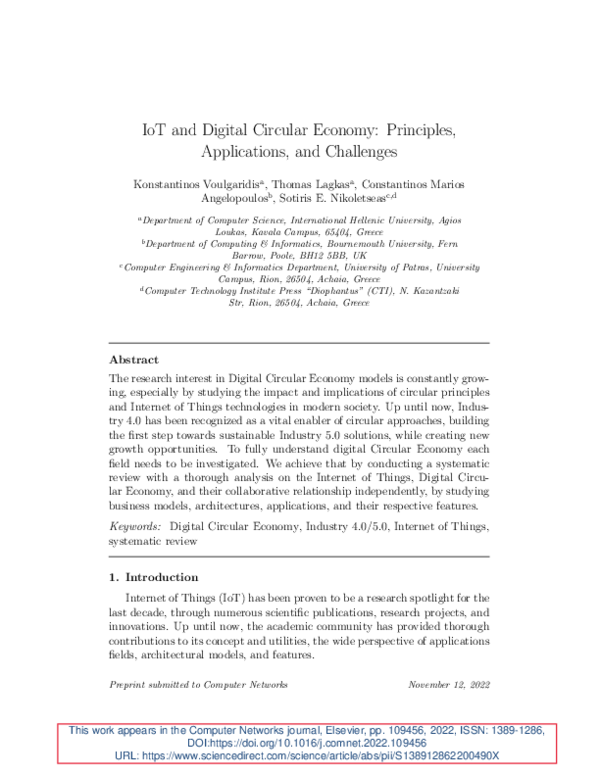 (PDF) IoT and digital circular economy: Principles, applications, and challenges