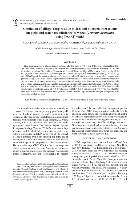 Pdf Simulation Of Tillage Crop Residue Mulch And Nitrogen Interactions On Yield And Water Use 