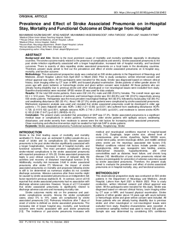 (PDF) Prevalence and Effect of Stroke Associated Pneumonia on in ...