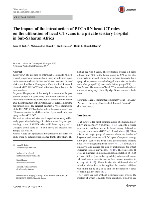 (PDF) The impact of the introduction of PECARN head CT rules on the ...