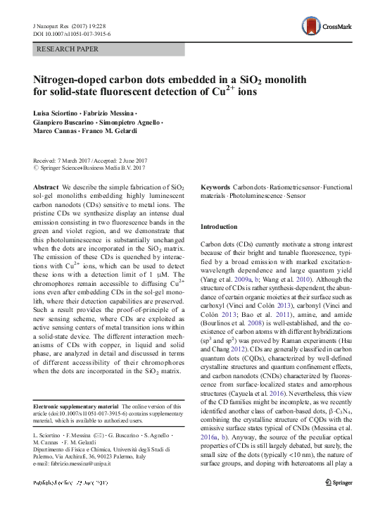 (PDF) Nitrogen-doped carbon dots embedded in a SiO2 monolith for solid-state fluorescent ...