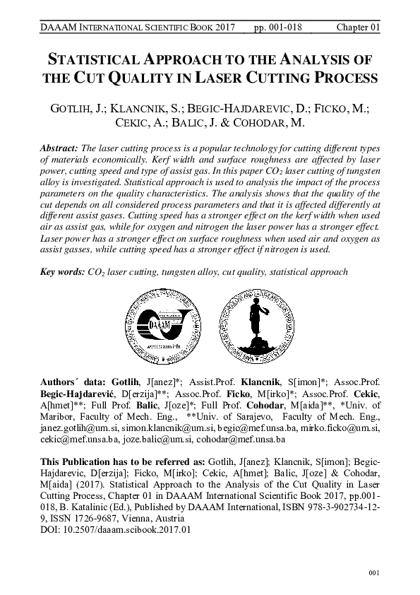 (PDF) Statistical Approach to the Analysis of the Cut Quality in Laser ...