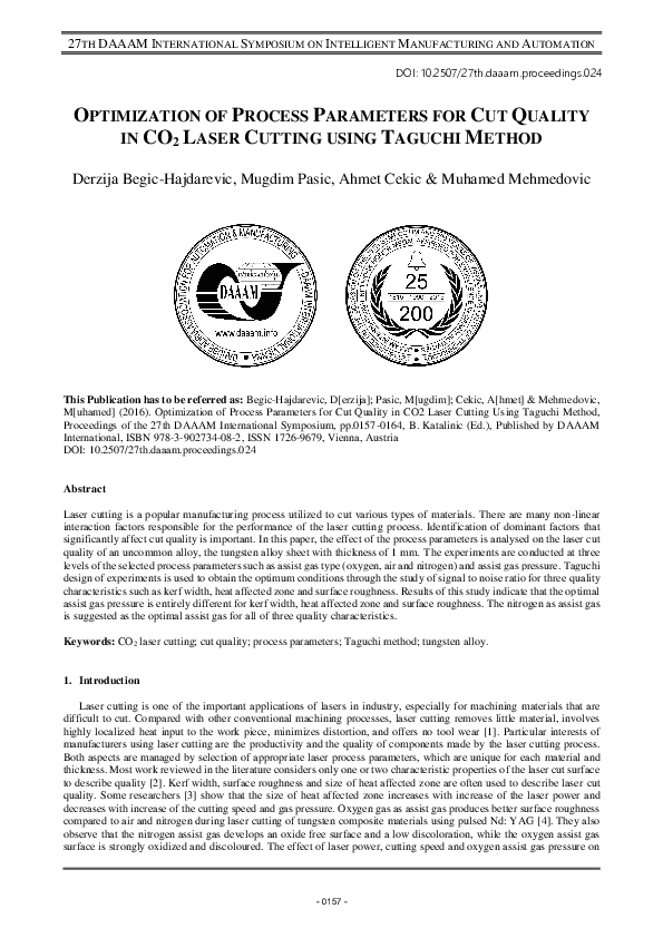 Pdf Optimization Of Process Parameters For Cut Quality In Co2 Laser Cutting Using Taguchi Method