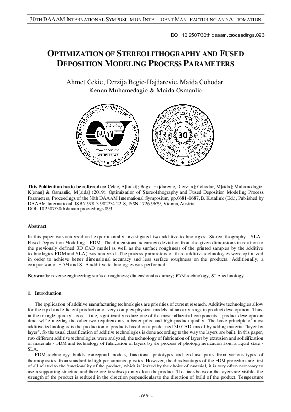 (PDF) Optimization of Stereolithography and Fused Deposition Modeling Process Parameters