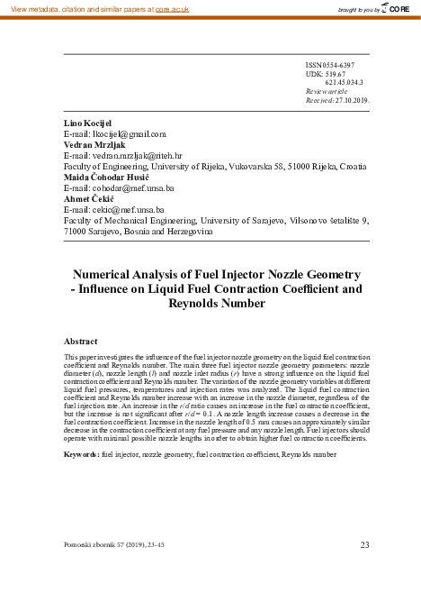 (PDF) Numerical Analysis of Fuel Injector Nozzle Geometry - Influence on Liquid Fuel Contraction ...