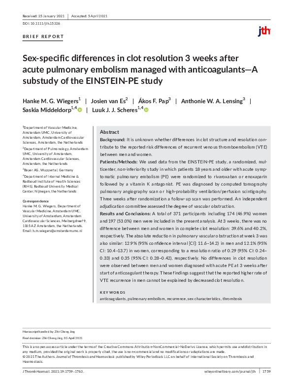 (PDF) Sex‐specific differences in clot resolution 3 weeks after acute ...