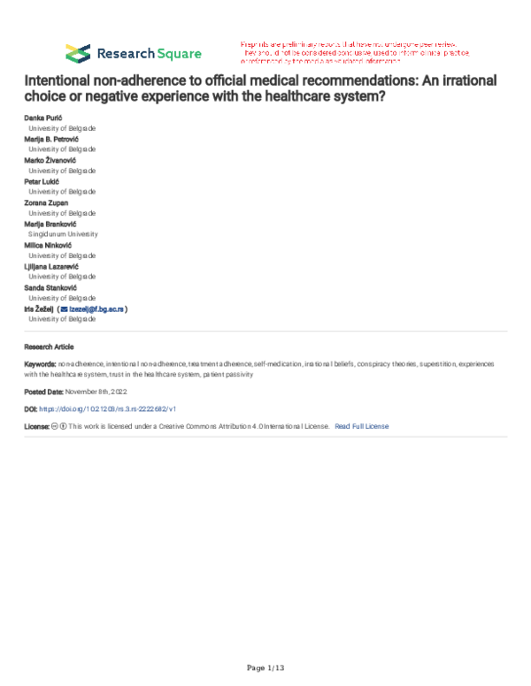 (PDF) Intentional non-adherence to official medical recommendations: An ...
