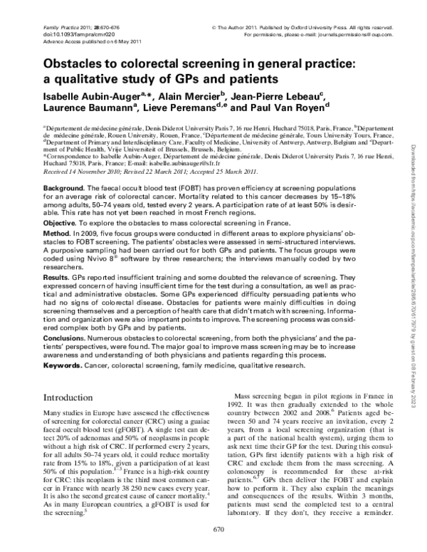(PDF) Obstacles to colorectal screening in general practice: a qualitative study of GPs and patients