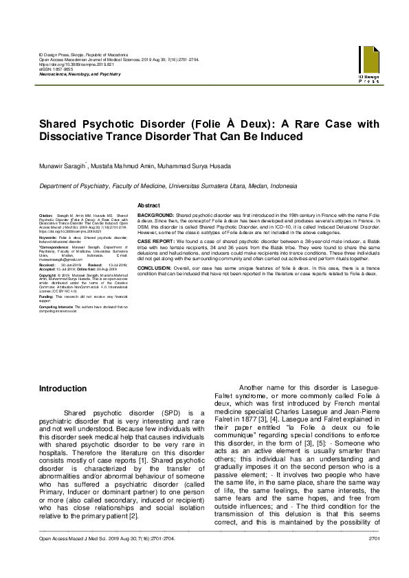 (PDF) Shared Psychotic Disorder (Folie À Deux): A Rare Case with ...