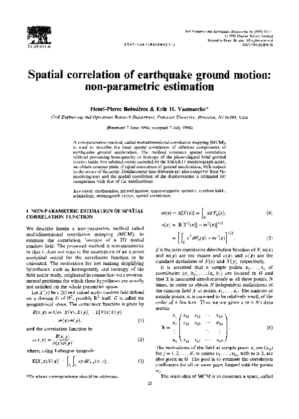 Pdf Spatial Correlation Of Earthquake Ground Motion Non Parametric