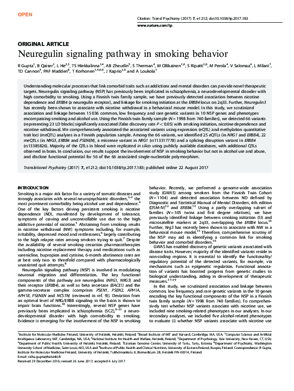 (PDF) Neuregulin signaling pathway in smoking behavior
