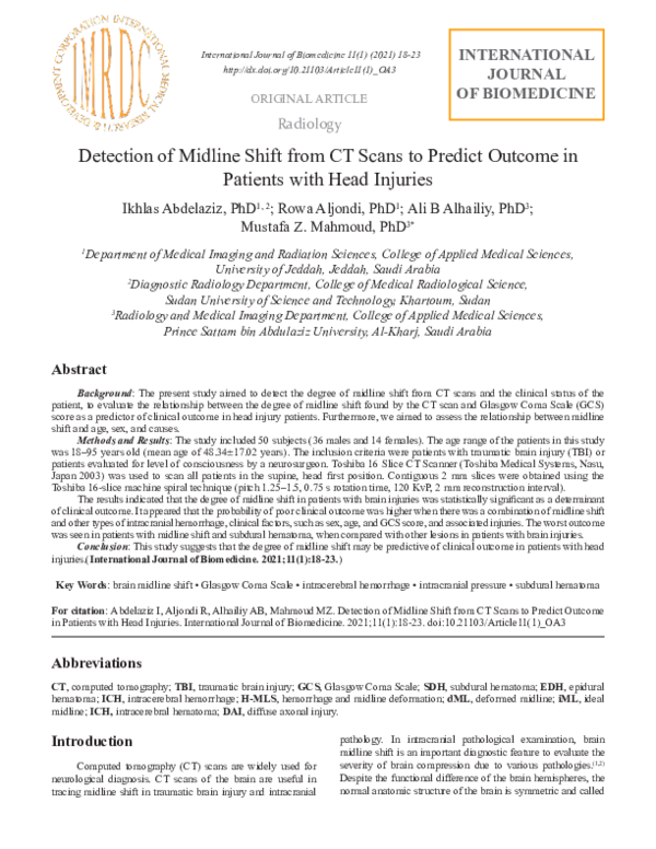 (PDF) Detection of Midline Shift from CT Scans to Predict Outcome in ...