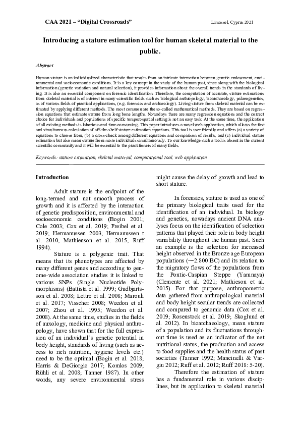 (DOC) Introducing a stature estimation tool for human skeletal material ...